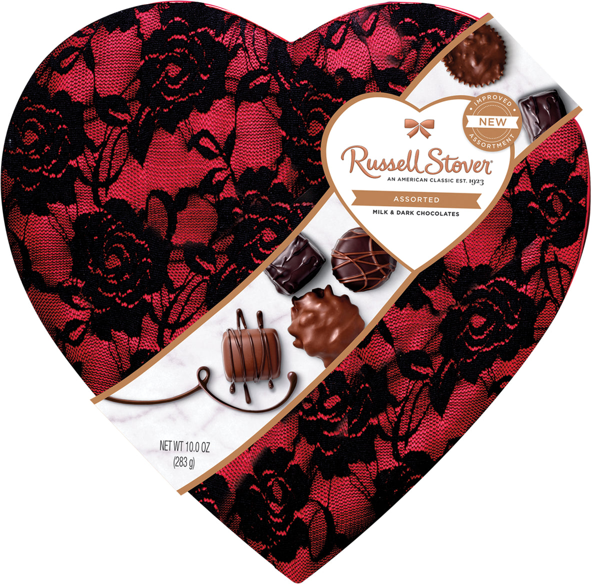 Valentine Russell Stover 10oz Heart Box with lace Assorted Chocolate ...